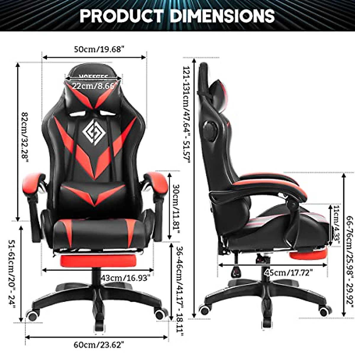 HOFFREE Gaming Chair Massage with Bluetooth Speakers and Lights Ergonomic Computer Gaming Chair with Footrest LED RGB Lights Music Video Game Chair with High Back Lumbar Support Red and Black