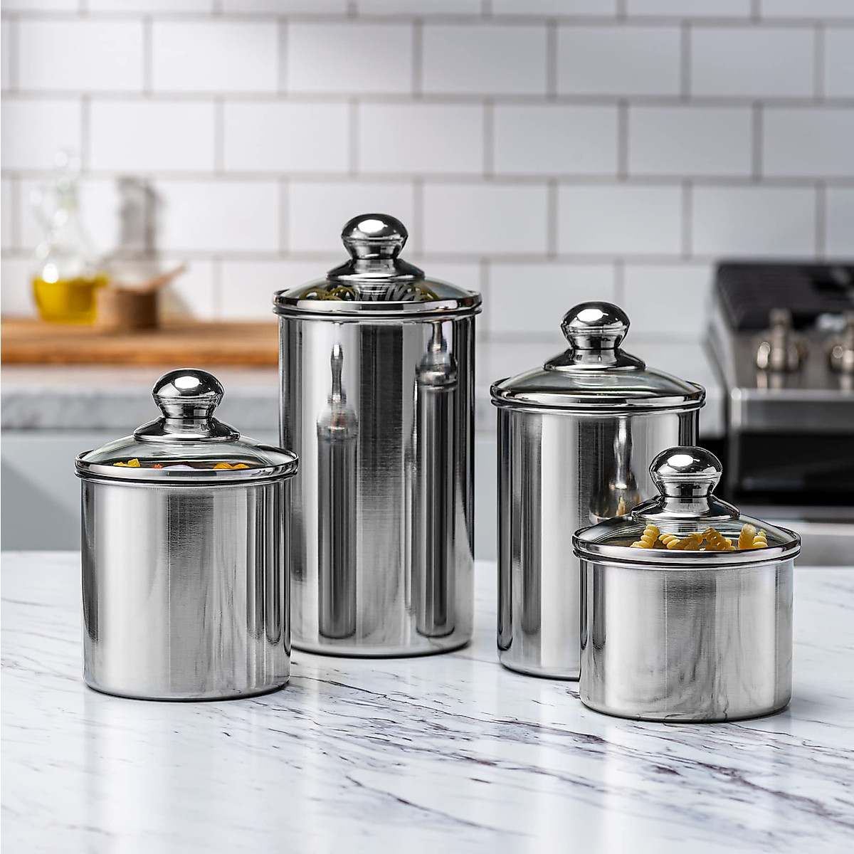 Set of 4 AIRTIGHT STAINLESS STEEL CANISTER SET for Kitchen Counter with GLASS LIDS + MARKER, LABELS, & SCOOP, Kitchen Canisters Ideal for Coffee, Flour, Sugar, Candy, Spices, Food Storage Cookie Jar