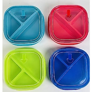 Set of 4 - Microwave Food Storage Containers, Lunch Boxes - 3 Section / Compartment Divided Plates w/ Vented Lid and 1 BAMD Kitchen Conversion Magnet, 41965n