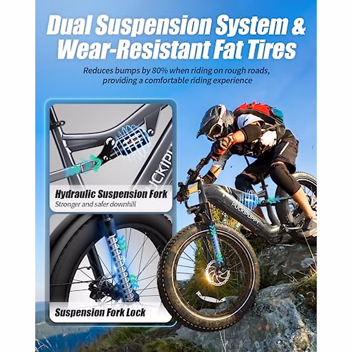 PUCKIPUPPY Electric Bike for Adults, 750W Motor, 48V 20AH Samsung Cells Battery Adult Electric Bicycles, 26" Fat Tire Full Suspension Ebike, 30MPH Beach Mountain E Bike, Shimano 7 Speed, 75Miles Range