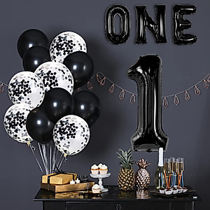 Large - Black One Balloon for First Birthday, 40 Inch Number 1 Balloon, Black 1st Birthday Balloons, Confetti Balloons, Black 1 Balloon 1st Birthday Decorations for Boys, 1 Year Old Balloon
