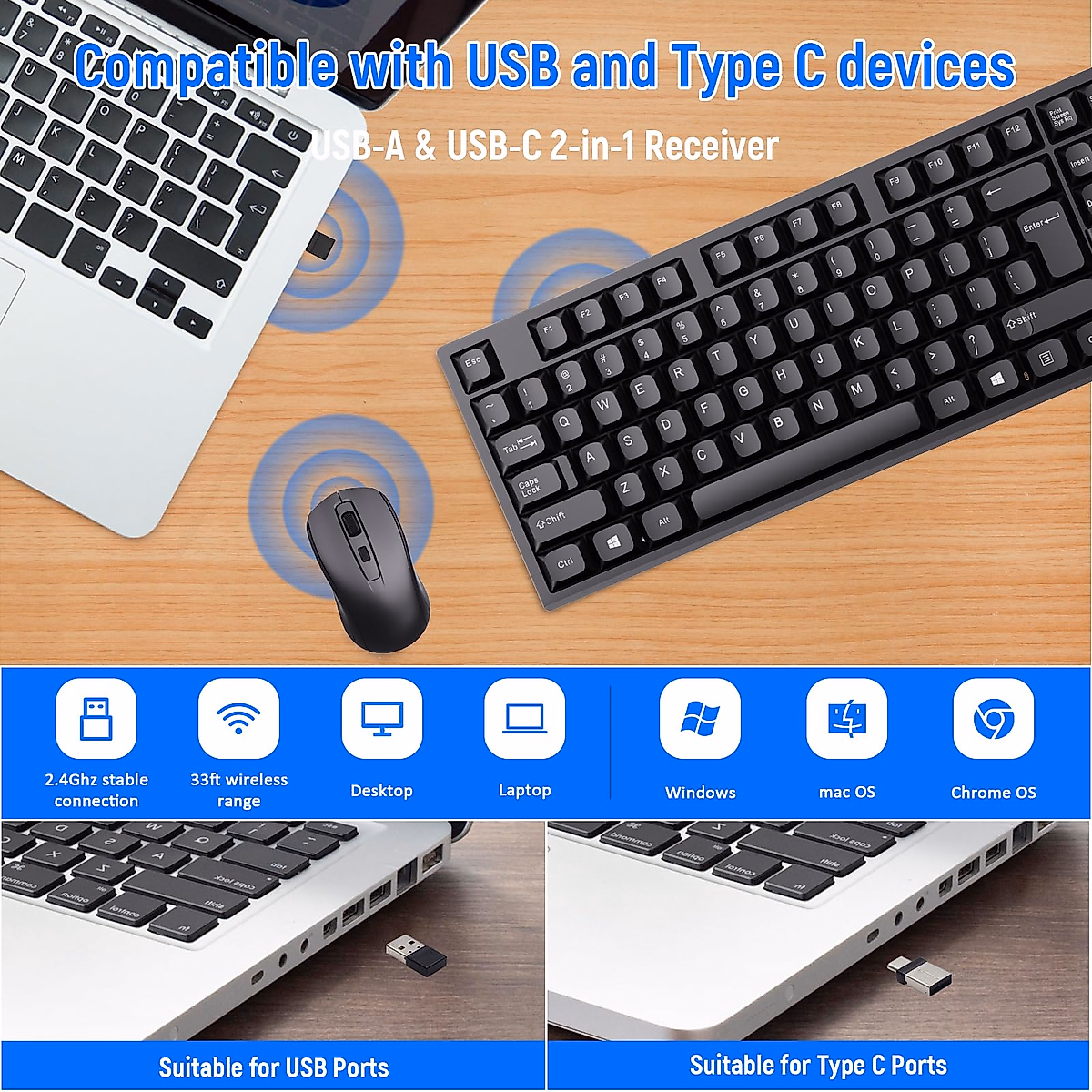 Wireless Keyboard and Mouse Combo-Full Size QWERTY Layout 2.4G Stereo Keycap Ergonomically Designed for Laptop,PC,Notebook,Windows,Computer Wired Numeric keypad,with USB-A&USB-C 2-in-1 Receiver