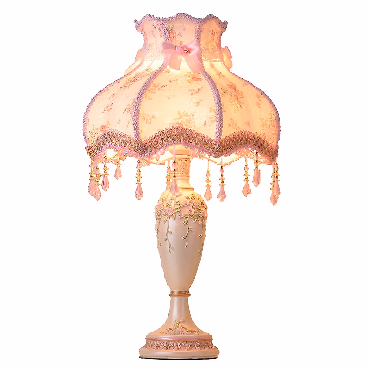 GaRcan Mid-Century Pink Desk Lamps Art Deco Resin Table Lamp Reading Bedside Light Fabric Princess Shade for Living Room Office, Study Room, Bedroom, Dorm Room,Pink