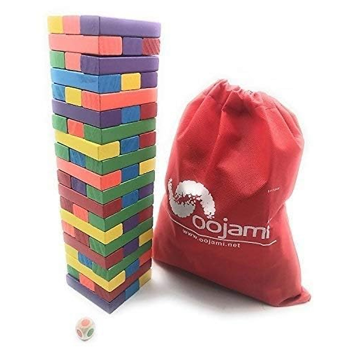 Oojami Wooden Tumbling Timber Toppling Stacking Board Games Building Blocks for Kids - 60 Pieces with Storage Bag Color Match Play Sets for Kids and Families