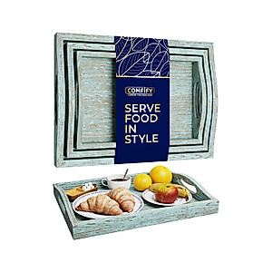 Serving Trays Set of 3 - Ottoman Wood Trays for Entertainment, Food and Décor - Rustic Farmhouse Distressed Wood Finish - Rustic Blue