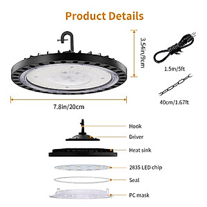 FAMURE LED UFO High Bay Light,100W 12000LM with Plug 5ft Cords Led Workshop Lighting IP65 Waterproof Outdoor Security Light led floodlight Garage Lighting LED Commercial Bay Lighting 1pack
