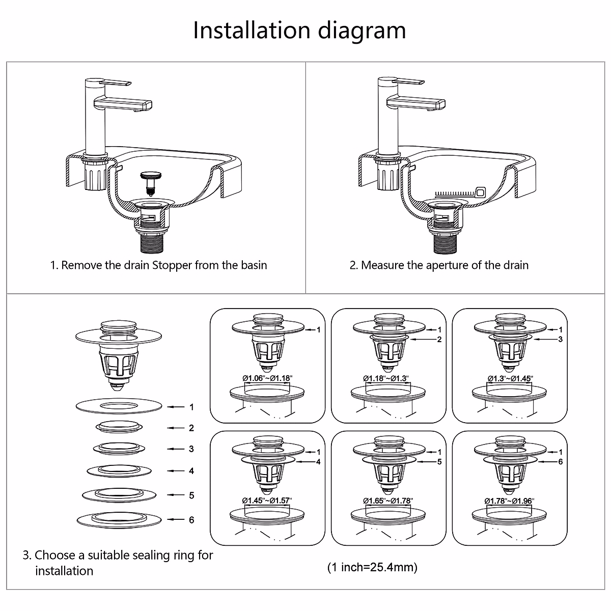 Fransiton Bathroom Sink Stopper, 1.1-1.77 Inch Basin Pop Up Black Sink Drain Stopper, Anti Clogging Drain Plug with Detachable Hair Catcher