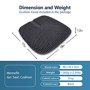Gel Seat Cushion, Double Thick Enhanced Honeycomb Design Cushion with Non-Slip Breathable Cover for Pressure Relief & Tailbone Pain, fits Computer, Office, Car & Wheelchair Chair (18 x 17 x 1.3 in)