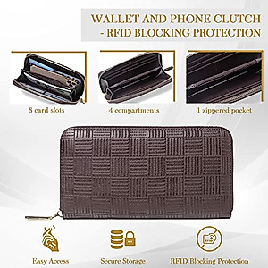 Daisy Rose Women’s Zip-Around Wallet & Phone Clutch with RFID Blocking, PU Vegan Leather (Brown Check)