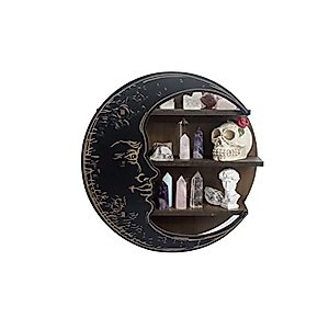 CEFRECO Black Crescent Moon Shelf - Rustic Wooden Crystal Holder for Healing Stones and Essential Oils - Wall-Mounted Crystal Shelf Display for Wall Decor - Witchy Gifts for Women