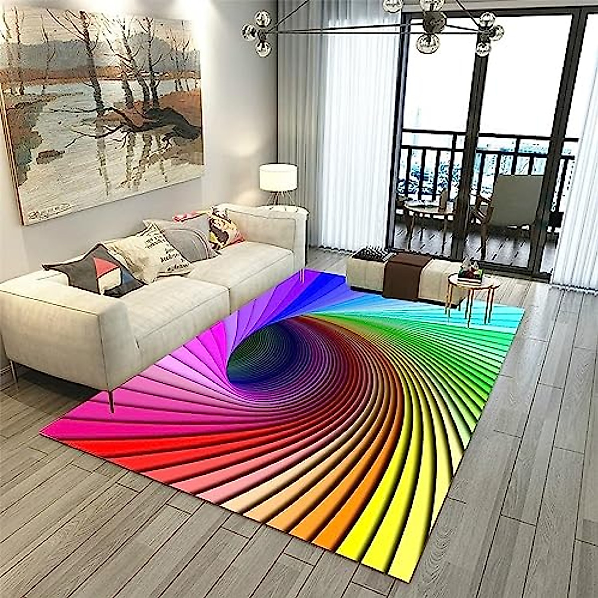 Rainbow Swirl Area Rugs,5x7ft, 3D Printing Three-Dimensional Trap Carpet, Psychedelic Rug, Optical Illusion Carpet, Wave Twisted Rug, Black Light Carpet, for Bedroom, Living Room and Children's Room
