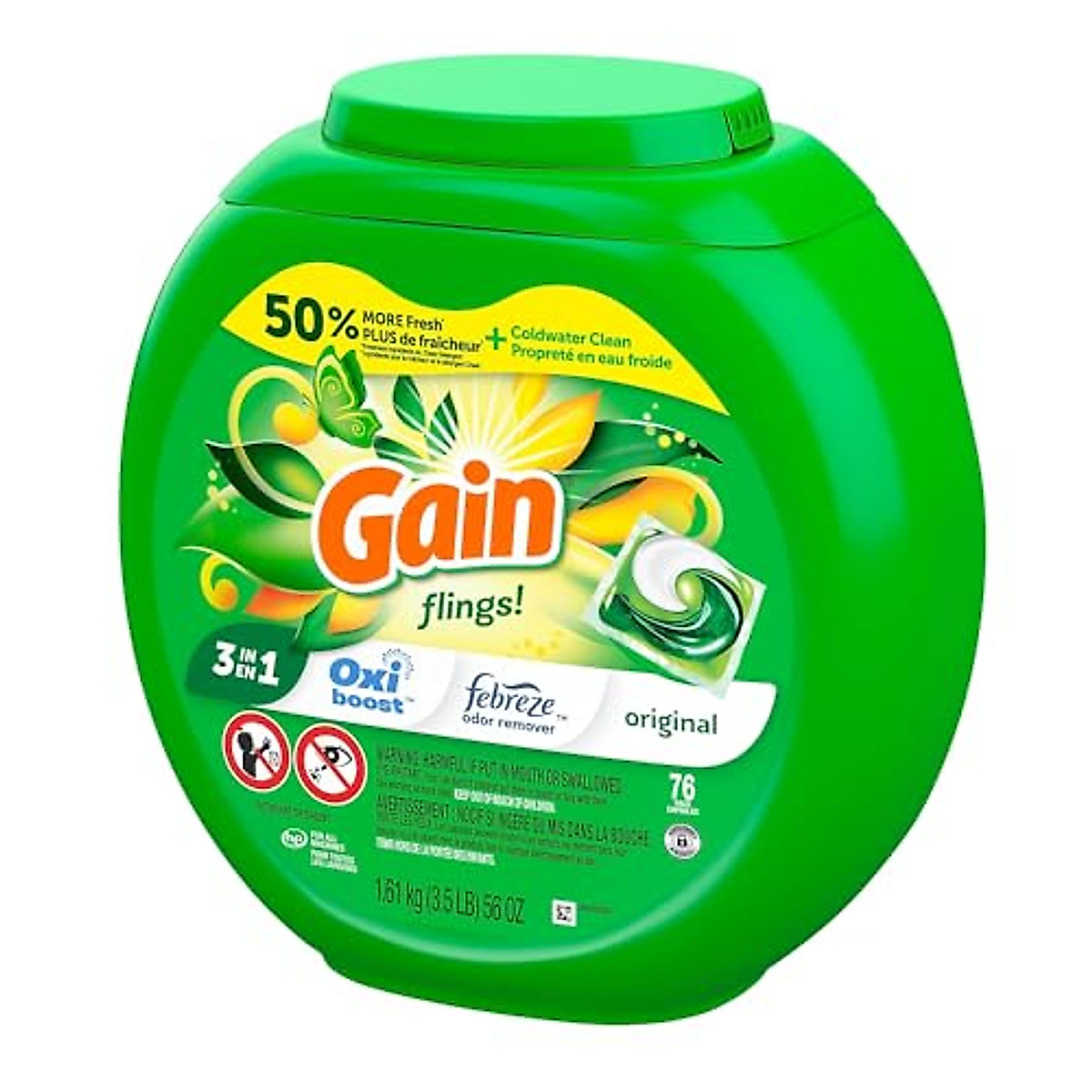 Gain flings Laundry Detergent Soap Pacs HE Compatible Long Lasting Scent, Original Scent, 76 Count