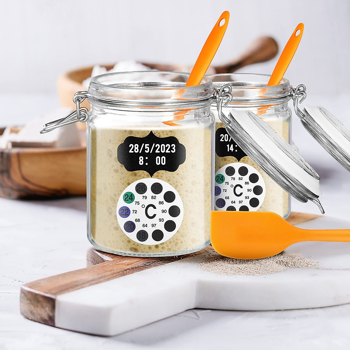 Rtteri 4 Pack 25 oz Glass Sourdough Starter Kit with Thermometer Sticker, Silicone Jar Spatula, Chalkboard Labels and Marker, Wide Mouth Airtight Sourdough Starter Container