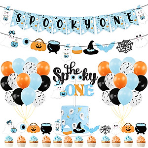 Blue Halloween First Birthday Decor, Boys Halloween Spooky One Banner Blue Cute Ghost Cake Topper Balloons for Halloween Theme 1st Birthday Party The Spooky One Little Boo Happy Boo Day Party Supplies