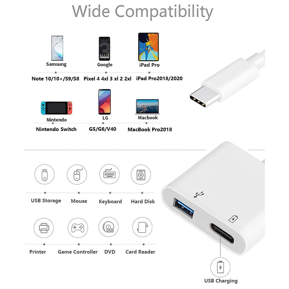 USB C OTG Adapter with Power, 2 in 1 USB C to USB Female with 60W PD Charging Adapter Compatible with iPhone 15/15Pro, iPad Pro, Galaxy S24/S23/S22/S21, Pixel 8/7/6, Google Chromecast with Google TV