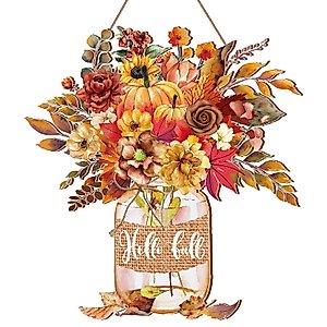 Boao Fall Welcome Door Sign Gnome Hanging Door Decor Thanksgiving Wooden Sign Autumn Door Decorations Pumpkin Maple Leaves Door Hanger for Outdoor Farmhouse Porch Front Door (Hello Fall)