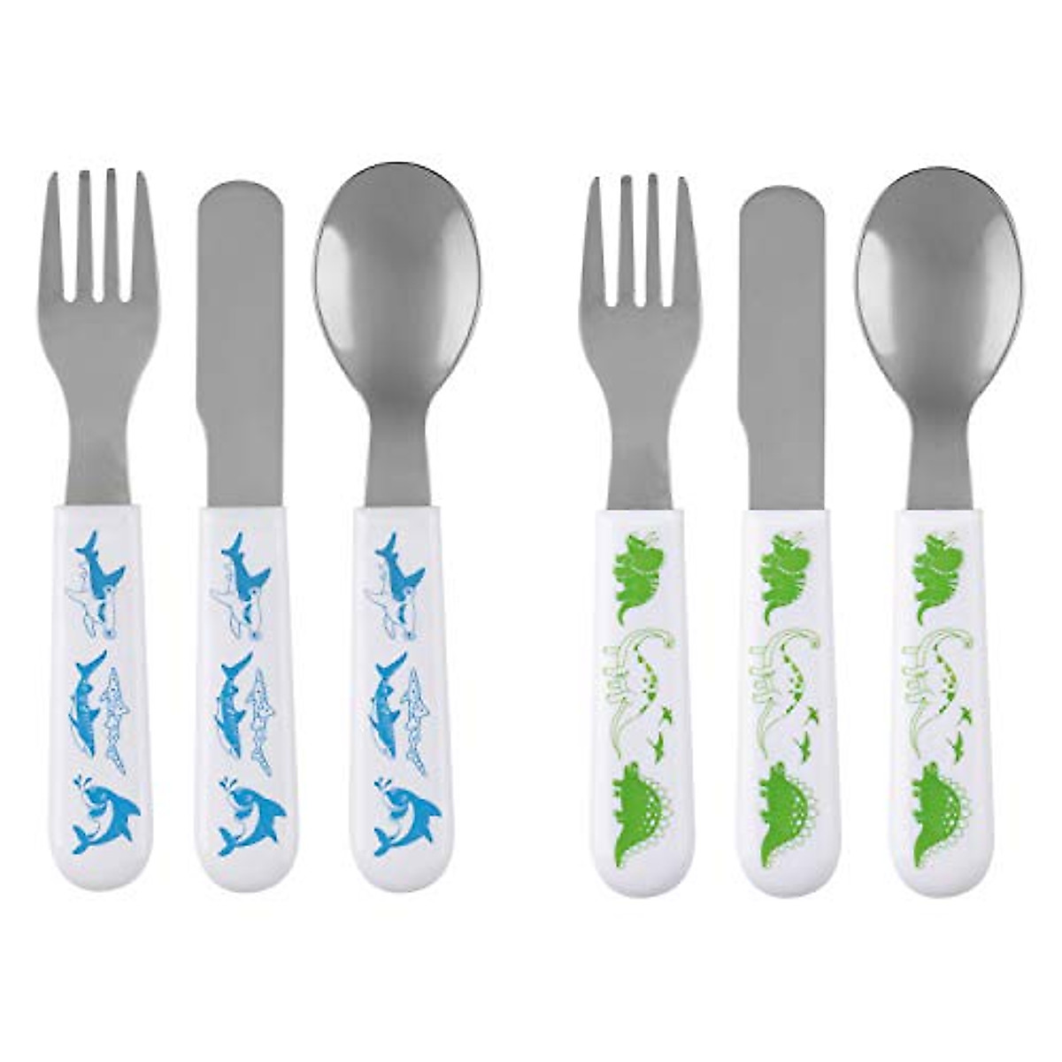 Brinware Toddler Utensils Kids Silverware Set - Fork Spoon and Knife Cutlery Set (6 Pack) Stainless Steel Flatware - Self Feed Baby Utensils - Dino/Shark