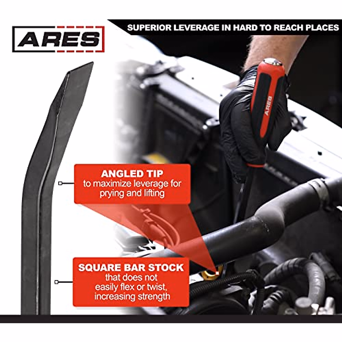 ARES 46008-3-Piece Pry Bar Set - 8-Inch, 12-Inch, and 17.5-Inch Pry Bars - Angled Tip for Lifting and Prying - Comfortable Non-Slip Double Injection Handle - Heavy Duty Striking End Cap