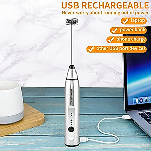 Coffee Frother Handheld, USB-Rechargeable Hand Frother with 2 Stainless Whisks, 3-Speed Adjustable Handheld Milk Frother for Cappuccinos, Hot Chocolate, Milkshakes, Egg Mix (Silver)
