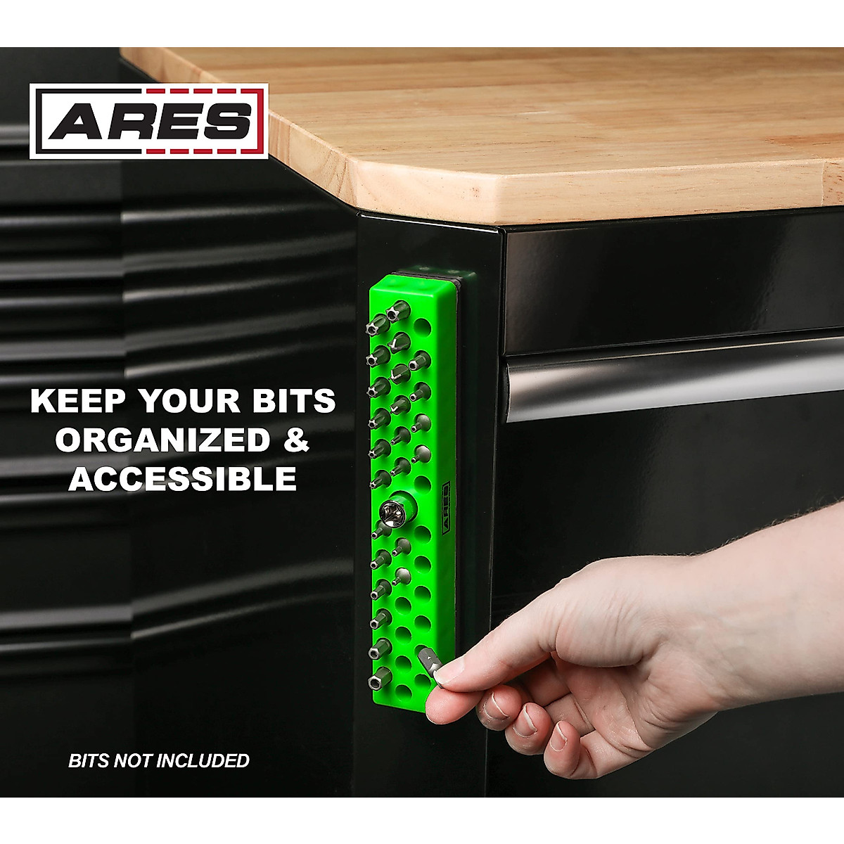 ARES 60013 - Green 37 Hole Hex Bit Organizer with Strong Magnetic Base - Keep Your Favorite Specialty, Drill, Tamper & Quick Change Bits Conveniently Organized and Accessible