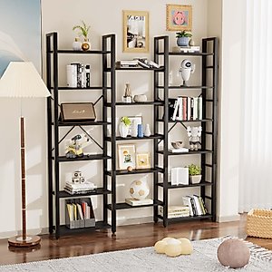 oneinmil Triple Wide 6-Shelf Bookcase Industrial Vintage Wood Style Large Open Bookshelves for Home&Office, Rustic Brown (6 Tier,Black)