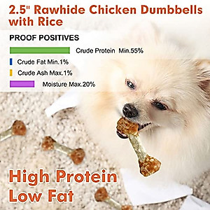 MON2SUN Dog Treats, 16oz Mini Rawhide Dog Chews, Chicken Dumbbells with Rice for Small Dogs & Toy Breed, Promotes Dental Health (2.5 Inch 30 Count)