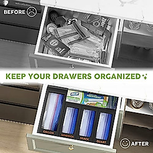 Bamboo Ziplock Bag Storage Organizer for Kitchen Drawer, 4 Separate Food Storage Bag Organizer, 12x14" Baggie Organizer Dispenser for All Brands Gallon, Snack, Sandwich & Quart Slider Bags Black