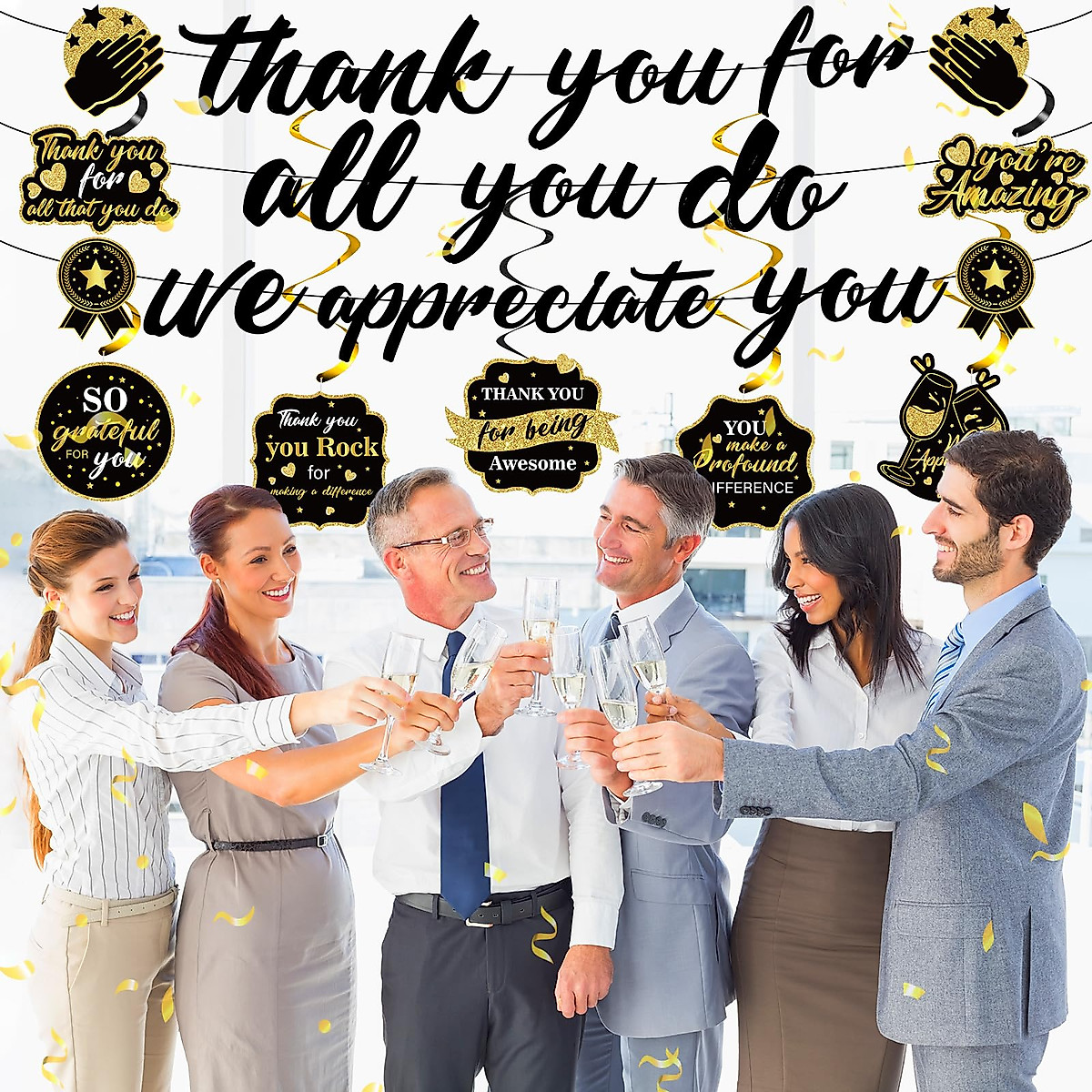 Black Gold We Appreciate You Decorations Thank You Banner with Appreciate Hanging Swirls Thank You For All You Do Decor for Teacher Doctor Nurse Employee Staff Graduation Appreciation Party Supplies