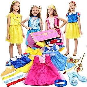 Latocos 17 Pcs Girls Princess Dress Up Trunk Role Play Cosplay Set with Princess Shoes Crown Accessories Princess Costume for Kids Age 3-6 Years