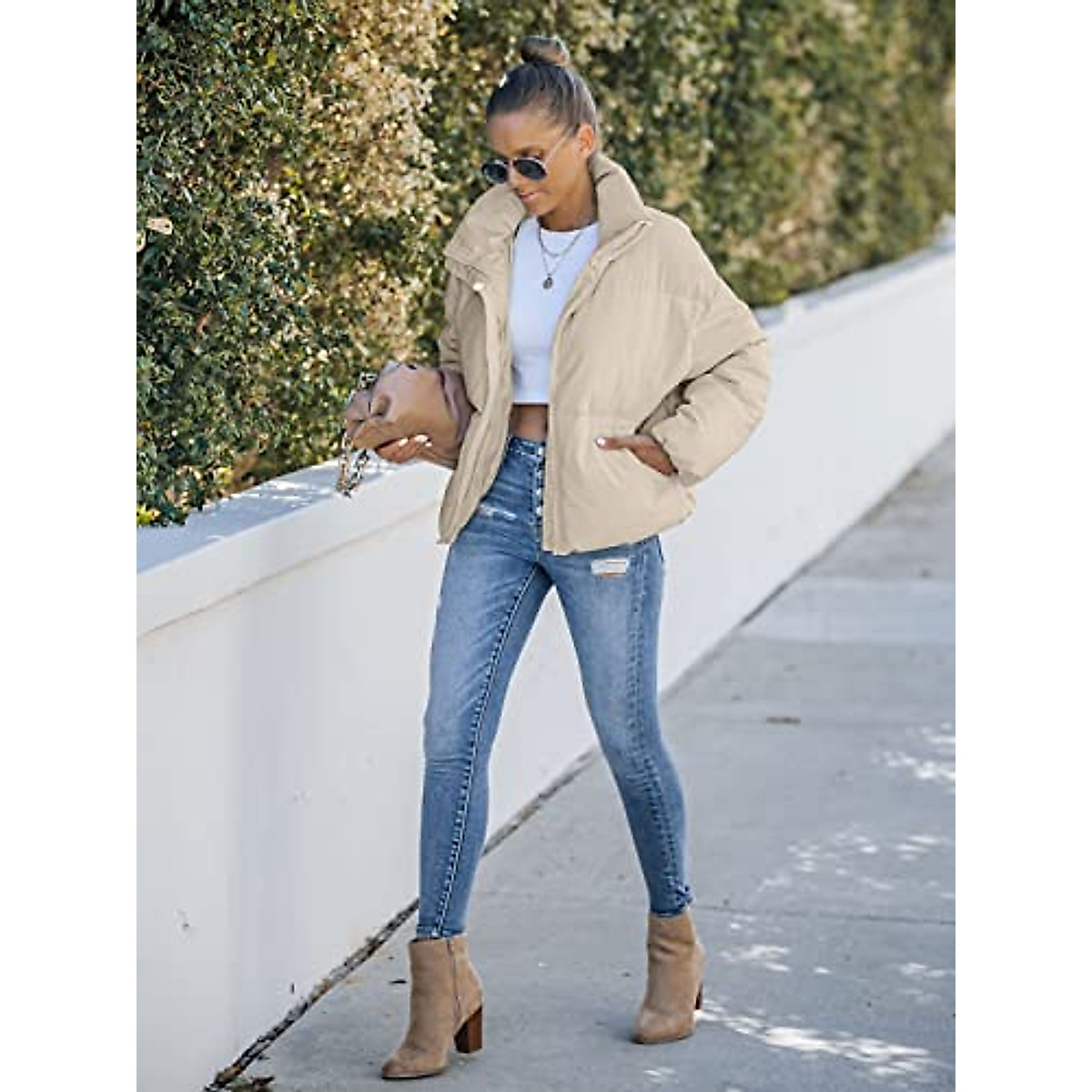 MEROKEETY Women's Long Sleeve Full Zip Puffer Coats Stand Collar Pockets Warm Padded Down Jackets, LightKhaki, L