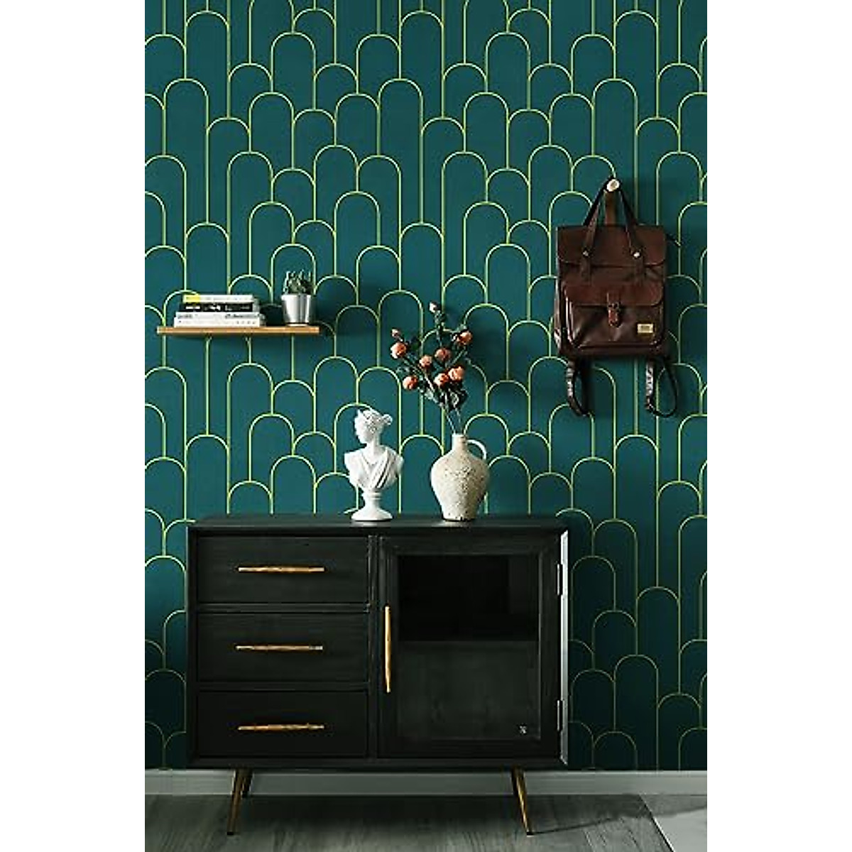 Peel and Stick Wallpaper Green and Gold Geometric Contact Paper Green and Gold Self-Adhesive Wallpaper Removable Modern Stripe Wallpaper for Walls Covering Waterproof Vinyl Rolls 17.3''x118''