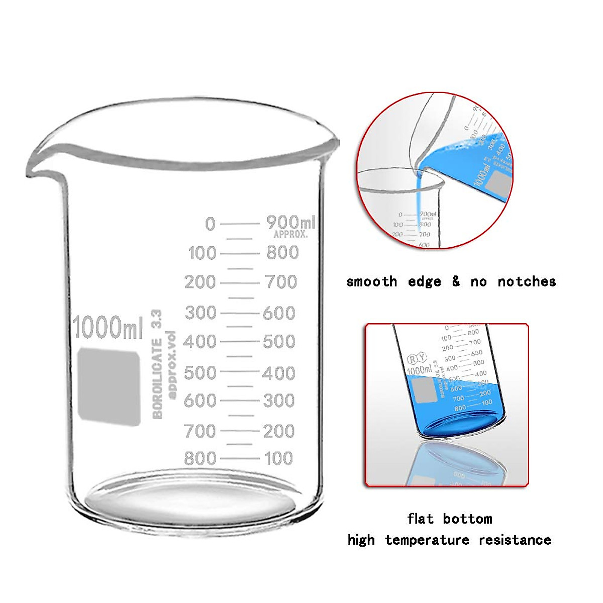 Glass Beakers 1000ml Borosilicate Graduated Measuring Low Form Beaker