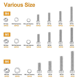 VIGRUE 480PCS M4 M5 M6 Bolts Nuts Assortment Kit, Heavy Duty 304 Stainless Steel, 13 Metric Common Sizes Included