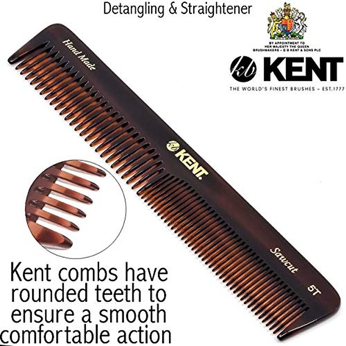 Kent 5T 6.6 Inch Double Tooth Hair Dressing Comb, Fine and Wide Tooth Dresser Comb For Hair, Beard and Mustache, Coarse and Fine Hair Styling Grooming Comb for Men, Women and Kids. Made in England