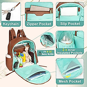 MOMINSIDE Small Diaper Bag Backpack, Mini Baby Diaper Bag with 11 Pockets, Leather Travel Baby Bag for Baby Girls, Diaper Bag Organizers, 2 Insulated Pockets, Stroller Straps, Baby Registry (Brown)
