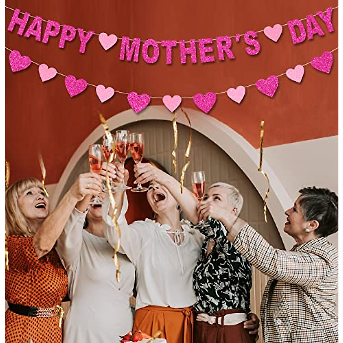 JOZON Happy Mother's Day Banner and Heart Banner Rose Red Pink Glitter Mothers Day Garland Banner with Heart Signs Thanks Mom Best Mom Ever Family Photo Props Backdrops Mother’s Day Party Decorations