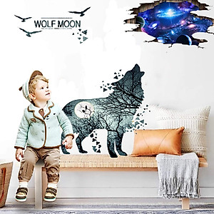 AMODA 3D Galaxy Outer Space Wall Decor,Self-Adhesive Wolf and Moon Sofa Backdrop TV Background Wall Decors,Creative Broken Wall Art Mural for Teen Bedroom Living Room Nursery Playroom