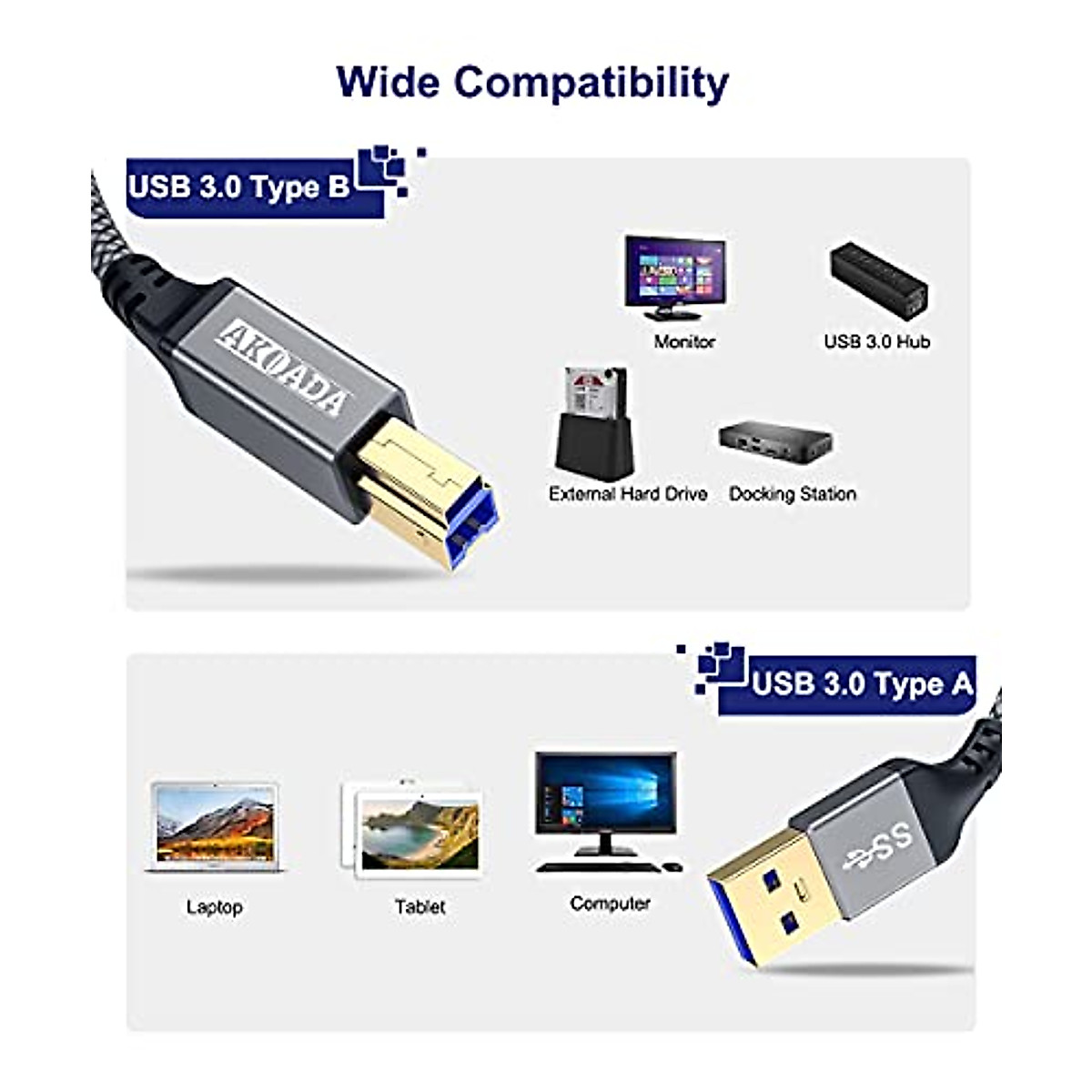 USB A to USB B 3.0 Cable (10FT), AkoaDa Durable Nylon Braided Type A to B Male Cable Compatible with Printers, Monitor, Docking Station, External Hard Drivers, Scanner, USB Hub and More Devices(Grey)