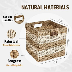 Foldable Hand-woven Wicker Cube Storage Bins, Collapsible Wicker Storage Cubes, Natural Palm Fiber & Seagrass Storage Baskets, Chi An Home Cubes Organizer with Handles, 4 Pack - 11.8" x 11.8" x 11.8"