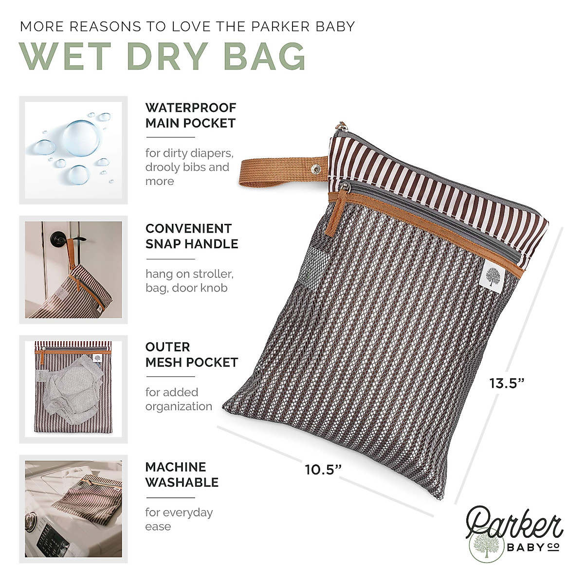 Parker Baby Cloth Diaper Wet Dry Bag - Waterproof Reusable Diaper Bag Accessory with Mesh Organizer and Zippered Pocket for Soiled or Wet Clothes, Diapers, Wipes, Swimsuits