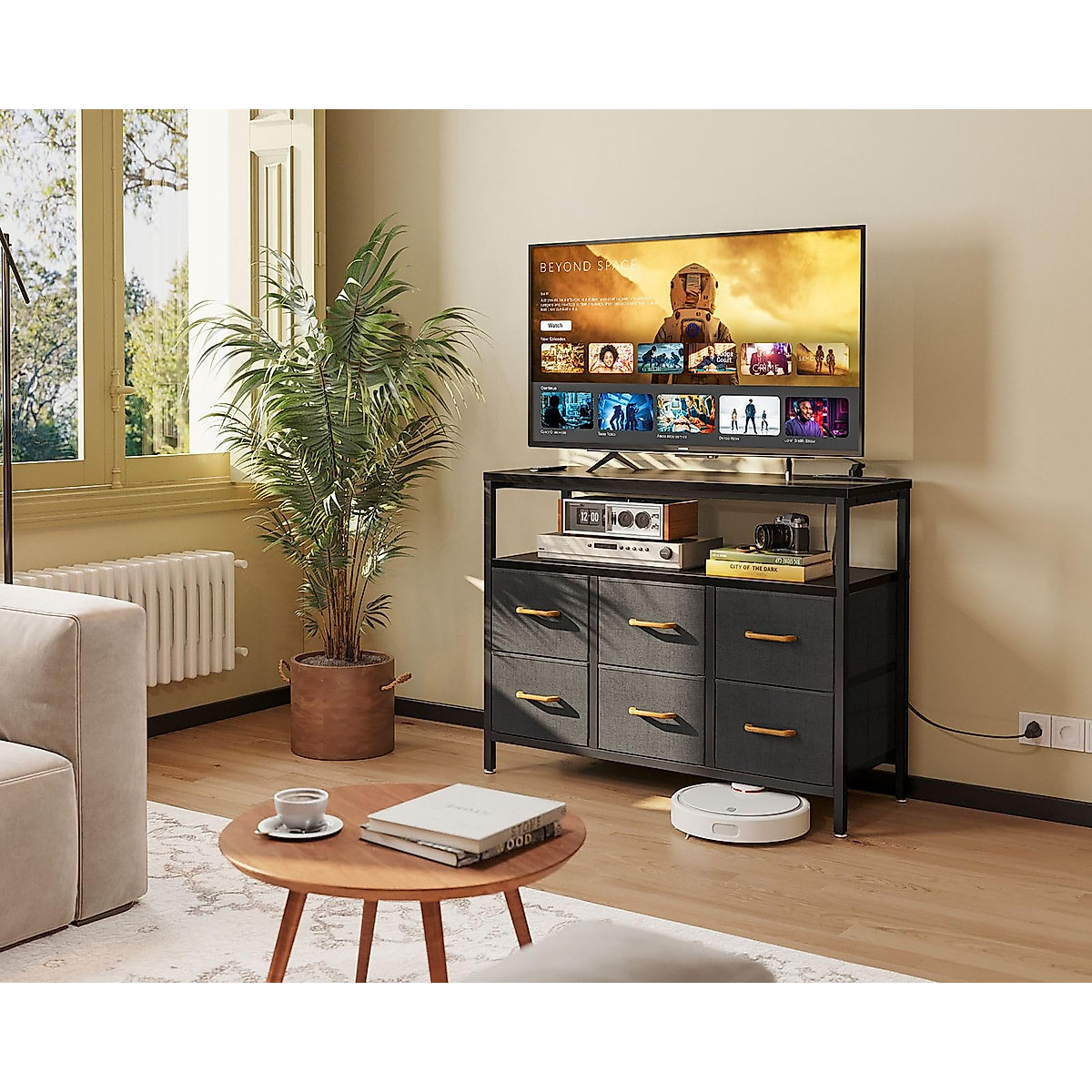 AODK Dresser with Charging Station, 40-Inch Long Dresser for Bedroom with 6 Large Fabric Drawers, Dresser TV Stand with Open Shelves for 50 Inch TV, Black