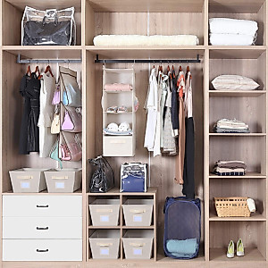 MAX Houser 4-Shelf Hanging Closet Organizer, Space Saver, Cloth Hanging Shelves with 2 Side Pockets, Foldable (Beige)