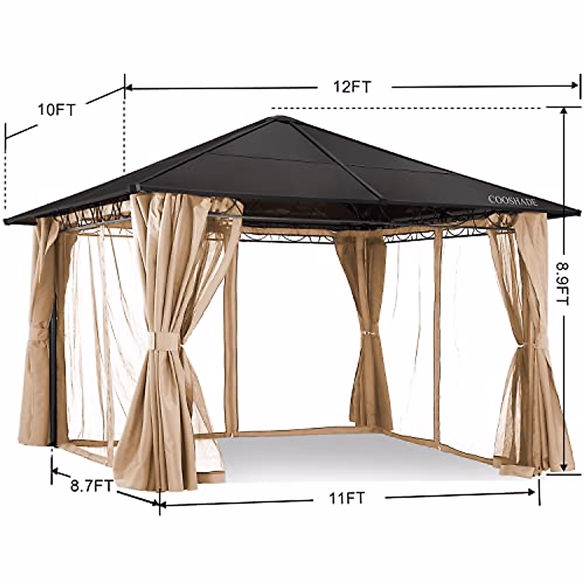 COOSHADE 10×12 Polycarbonate Roof Patio Gazebos Waterproof Outdoor Gazebo with Curtains and Mosquito Netting (Khaki)