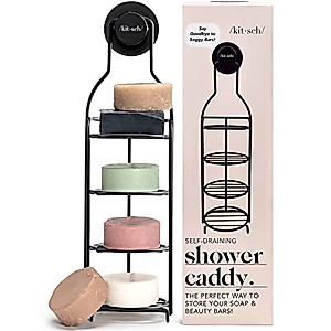 Kitsch Self Draining Shower Caddy - Bathroom Shower Organizer with Suction Cup | Rustproof Shower Rack & Bar Soap Holder for Shower | Soap Dish for Shower | Bar Soap Holder for Shower Wall (Black)