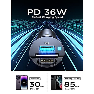 USB C Car Charger PD36W & QC36W, AINOPE Car Charger Fast Charge 2-Port PD&QC3.0 Cigarette Lighter USB Charger with 3.3ft Type C Cable All-Metal Body Fit for Samsung S23/S22 iPhone 14/13