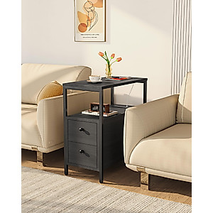 EVASTAR End Table with Charging Station, Narrow Side Table with 2 Drawers, Living Room Nightstand with Storage, Slim Bedside Table for Bedroom, Small Spaces, Black