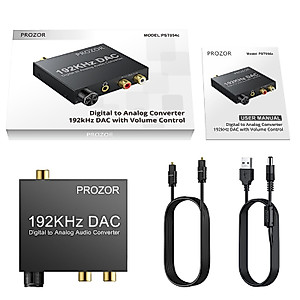 PROZOR 192KHz Digital to Analog Audio Converter - Upgrade Volume Adjustable Optical to RCA Converter with Optical & USB Power Cable, Digital DAC Converter SPDIF TOSLINK to Stereo L/R & 3.5mm Jack