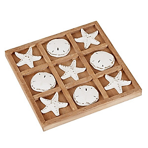 NIKKY HOME Beach Tic Tac Toe for Fun Starfish Sand Dollar Coastal House Coffee Table Decor Wood Board Travel Game, 8.97 by 8.97-in Distressed White