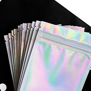 100 Pieces Resealable Smell Proof Bags Foil Pouch Bag Flat Ziplock Bag for Party Favor Food Storage (Holographic Color, 8 x 10 Inch)
