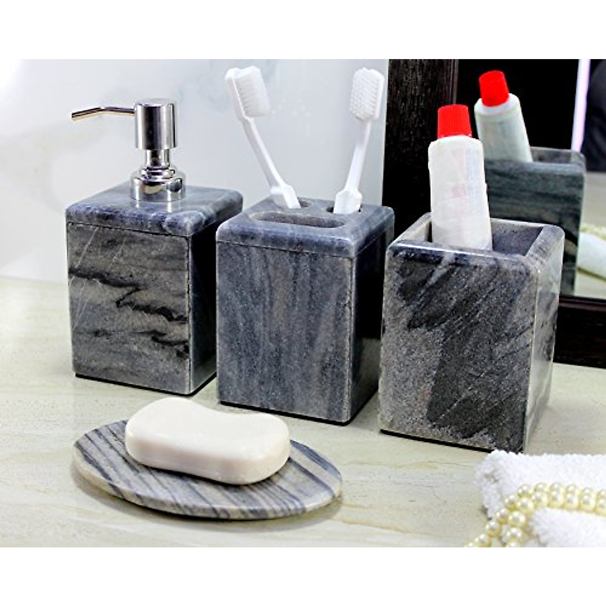 KLEO - Bathroom Accessory Set Made from Natural Stone - Bath Accessories Set of 4 Includes Soap Dispenser, Toothbrush Holder, Tumbler and Soap Dish (Grey)